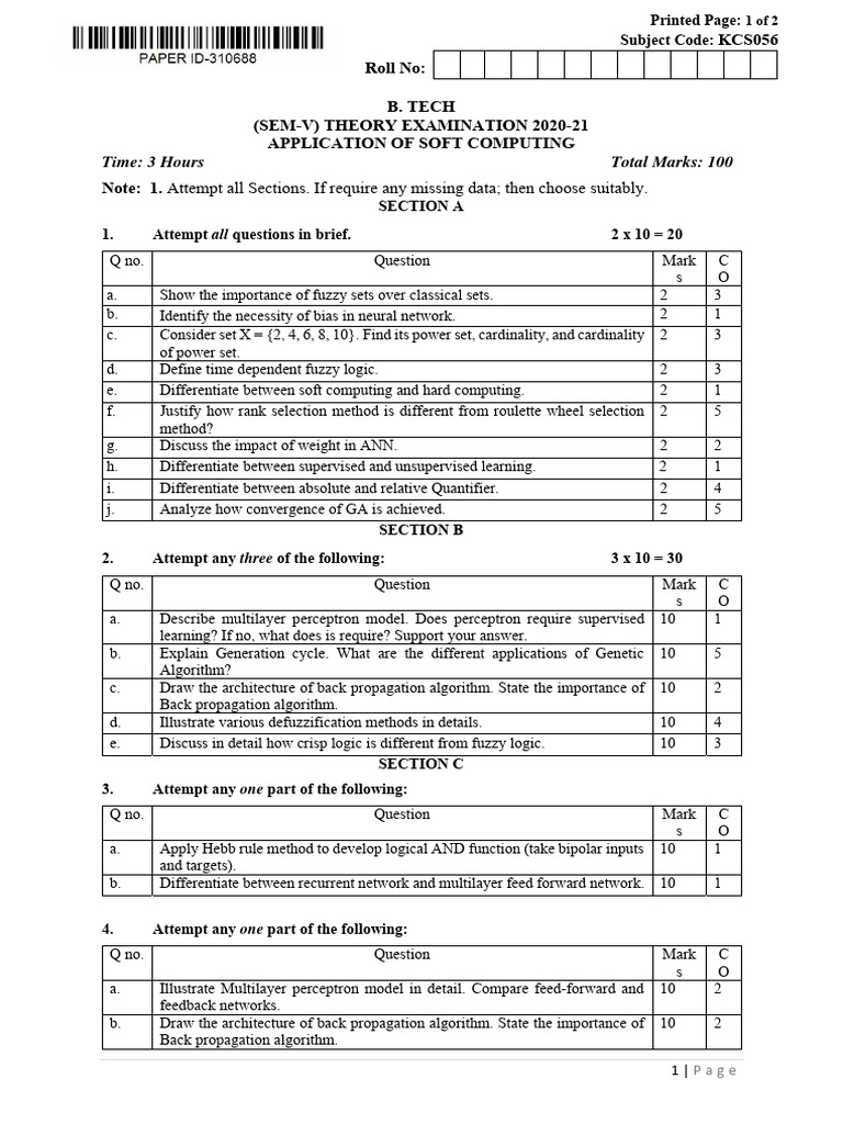 Btech Cs 5 Sem Application Of Soft Computing Kcs056 2021 Pdf Genetic Algorithm Fuzzy Logic