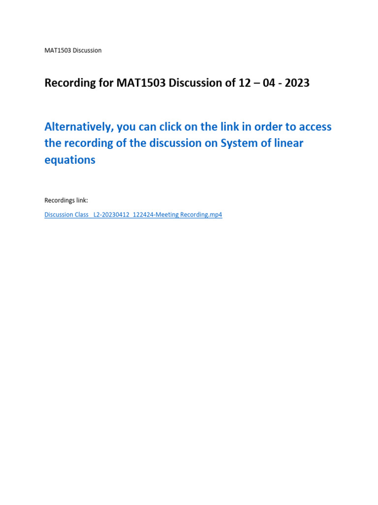 MAT1503 Linear Equations Discussion Recording | PDF