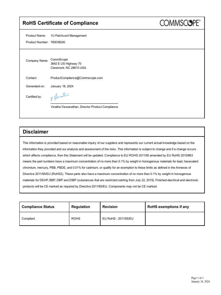 RoHS Certificate of Compliance | PDF