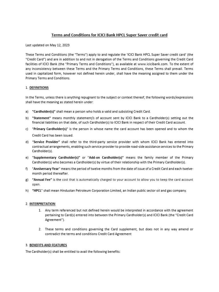 HPCL Super Saver Credit Card TNC | PDF | Credit Card | Fee