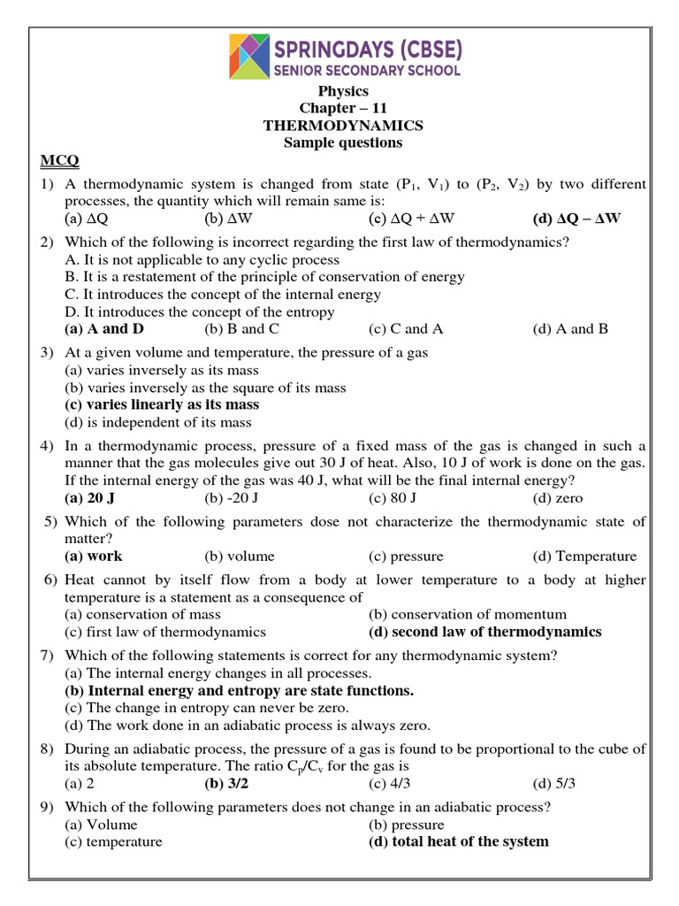 Thermodynamics MCQs for Students | PDF | Heat | Gases