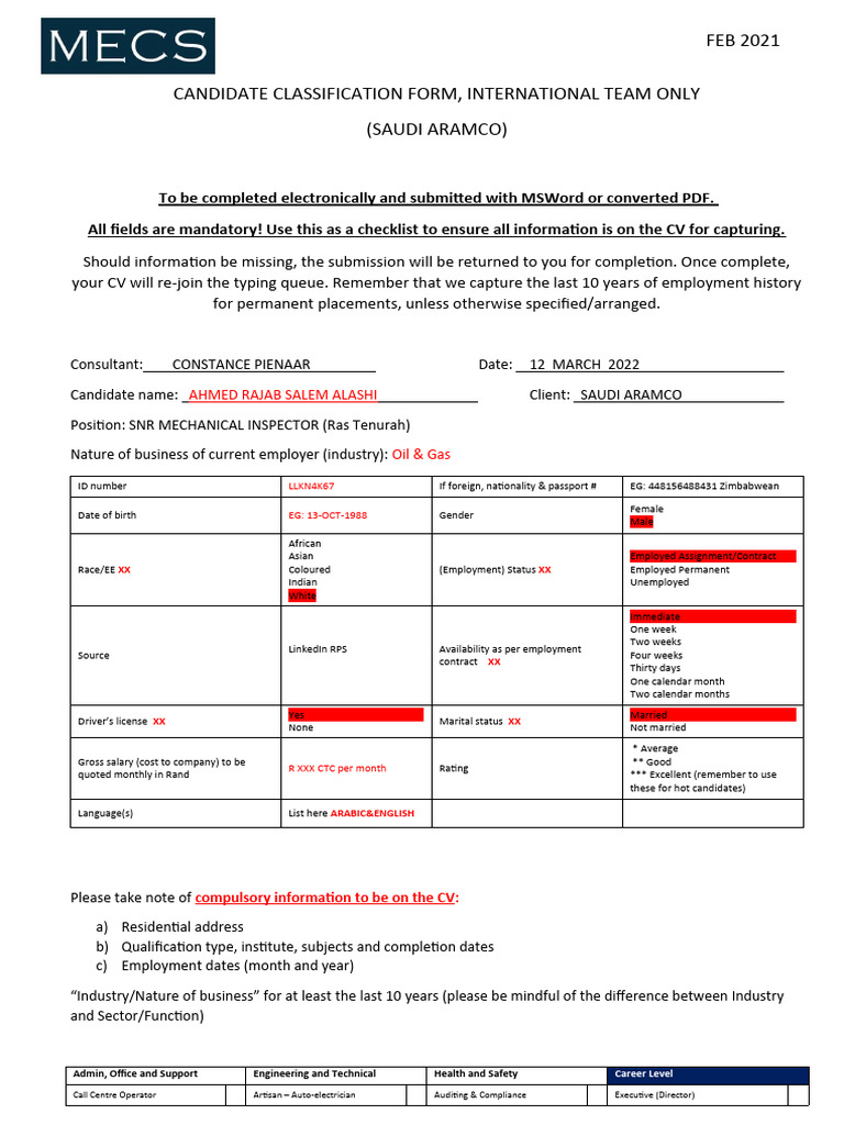 MECS Classification Form International Feb 2021 | PDF | Warehouse ...
