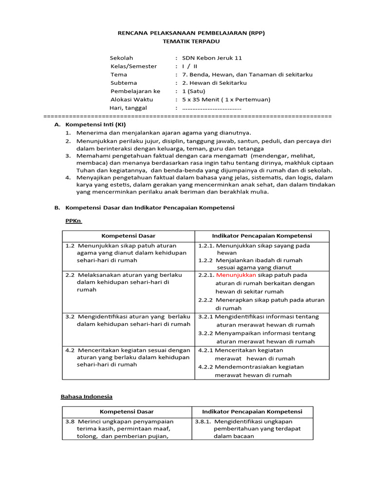 Contoh RPP Kelas 1 | PDF