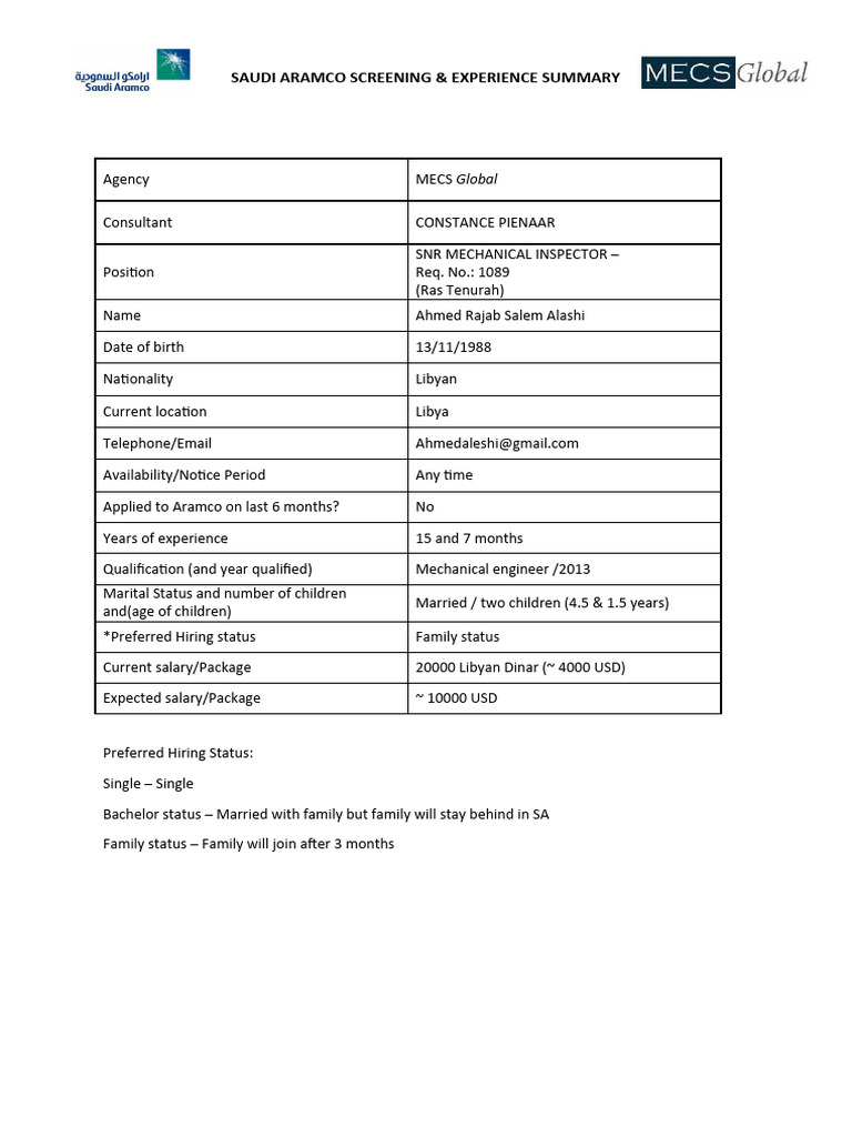 Saudi Aramco - Screening Experience Template (Updated) | PDF