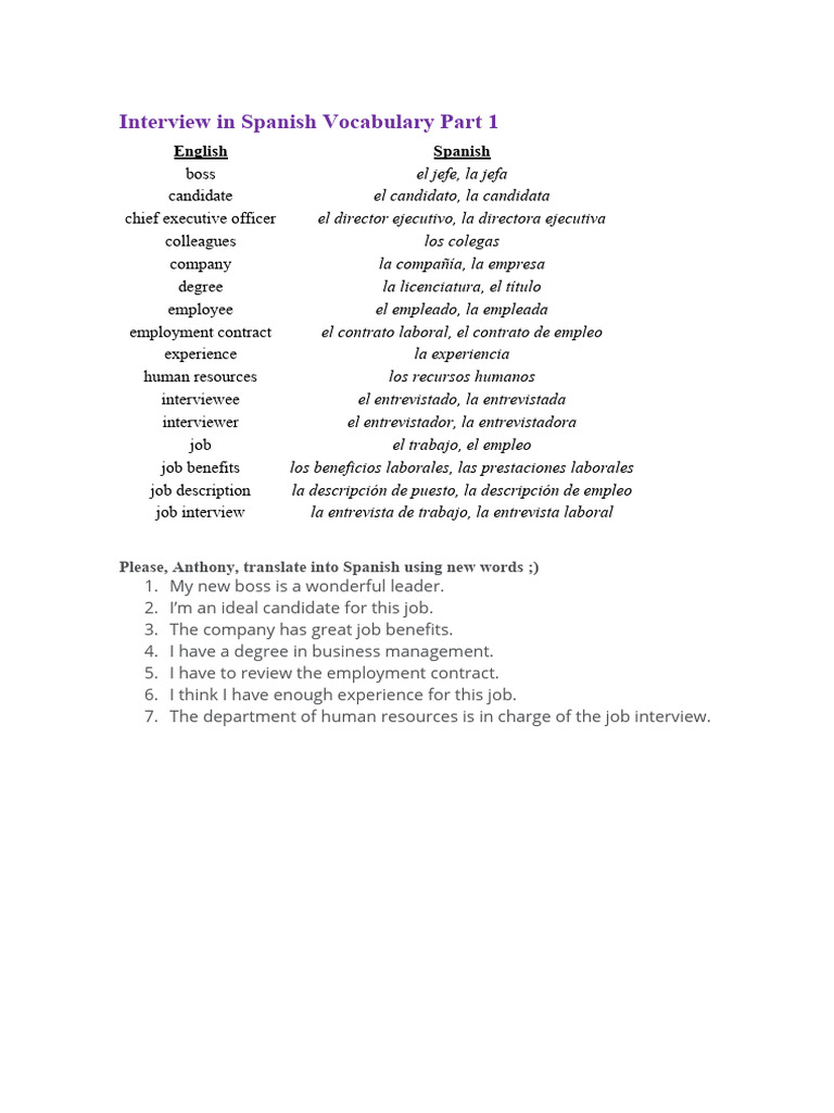 Interview in Spanish Vocabulary Part 1 | PDF