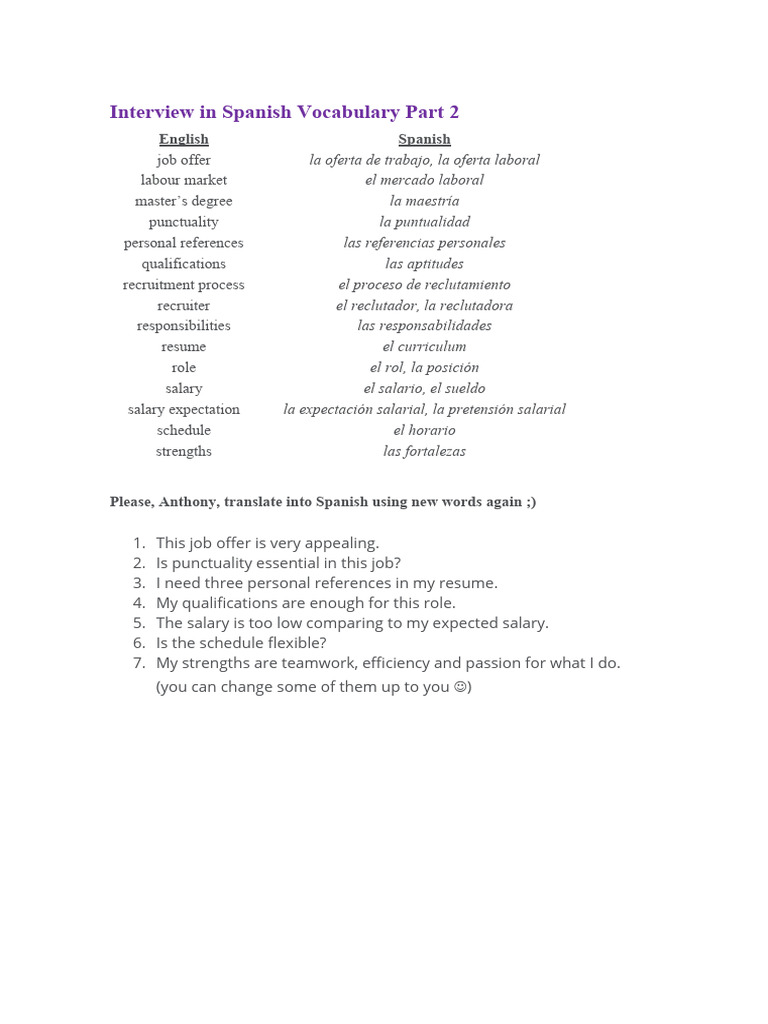 Interview in Spanish Vocabulary Part 2 | PDF