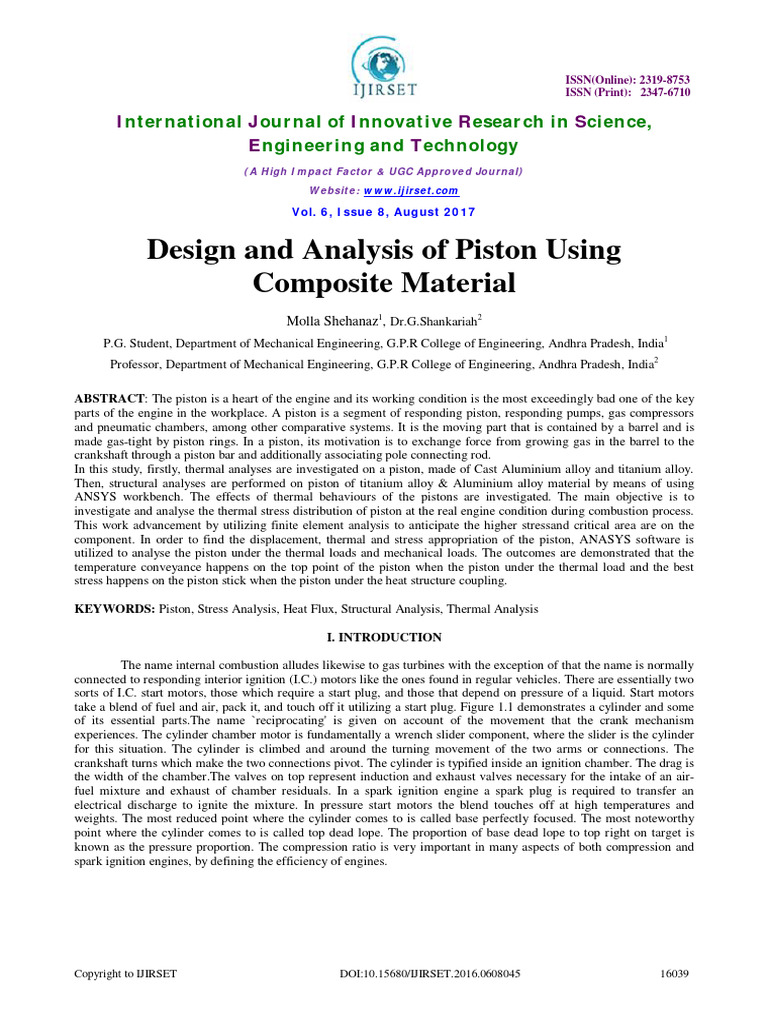 Design and Analysis of Piston Using Composite Materials | PDF