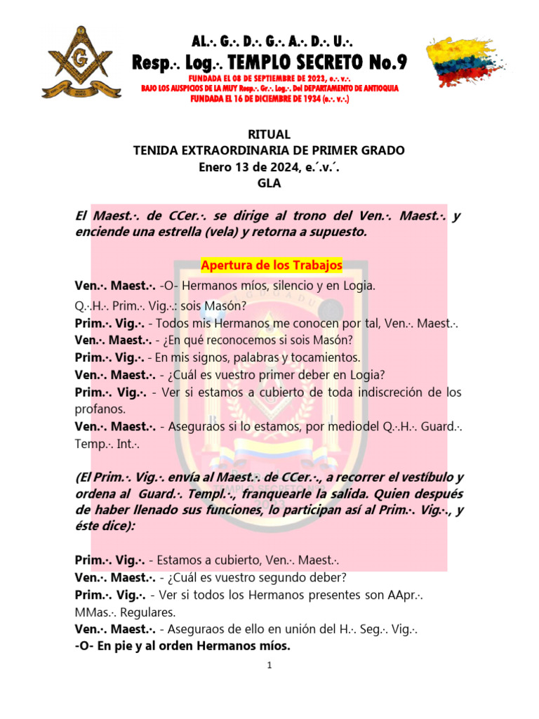 Ritual para La Tenida Extraordinaria en Medellin-1 | PDF | Masonería ...