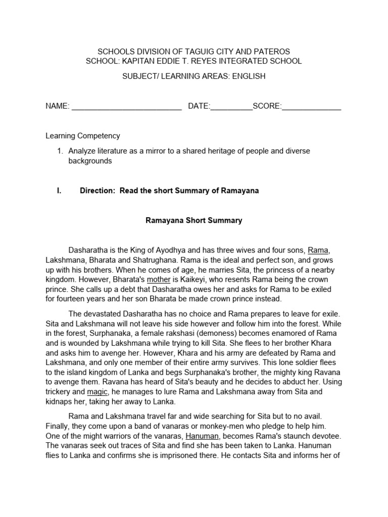 English Literature Worksheet | PDF | Sita | Rama