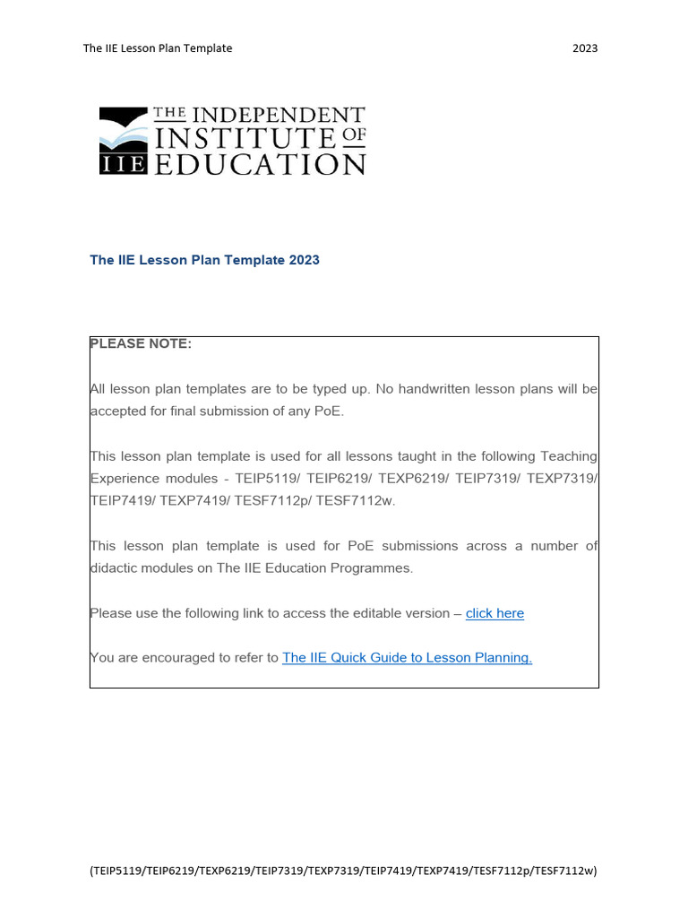 IIE Lesson Plan Template 2023 | PDF | Learning | Lesson Plan