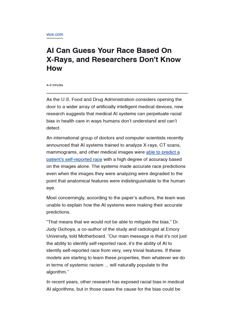 S4 VICE - AI Can Guess Your Race Based On X-Rays, and Researchers Don't Know How | PDF ...
