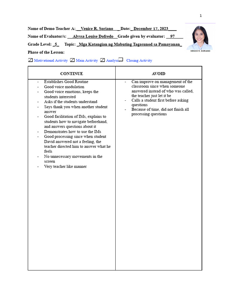 Form-3-Ta-Soriano-Tb-Dimatatac-Continue-And-Avoid-Form 1 | PDF | Behavioural Sciences | Behavior ...