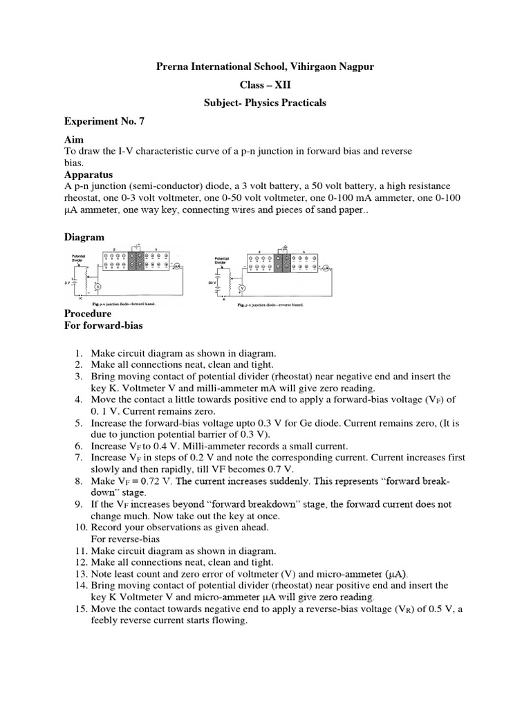 Class XII Physics Practicals 7,8 | PDF | P–N Junction | Optics