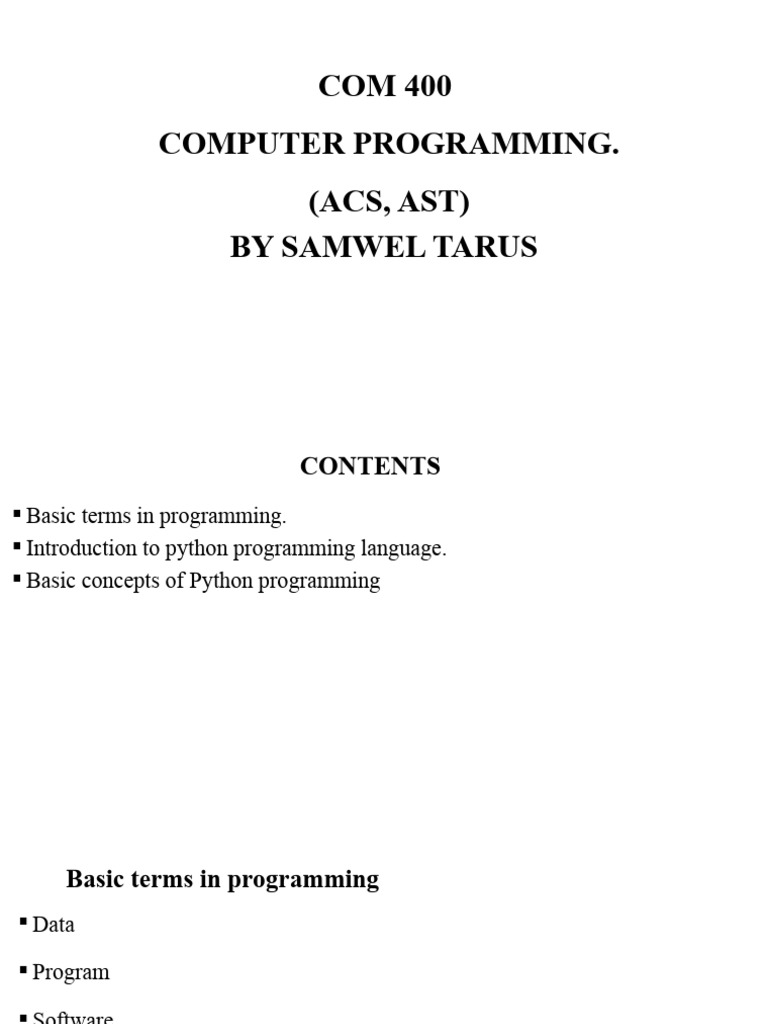 COM 400 Lesson 1 Introduction | PDF | Data Type | Python (Programming Language)