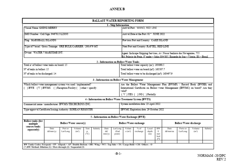 10. Ballast Water reporting form-NORMAM 020-DPC | PDF | Water | Freight ...