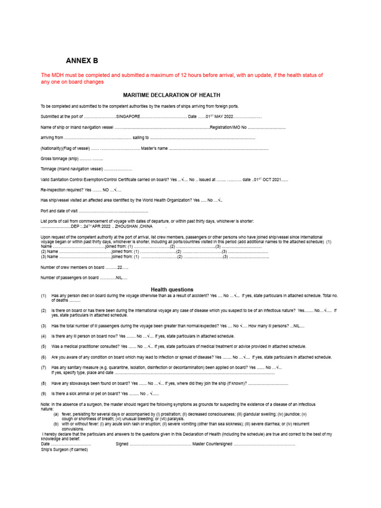 Maritime Health Declaration Form | PDF | Port | Ships