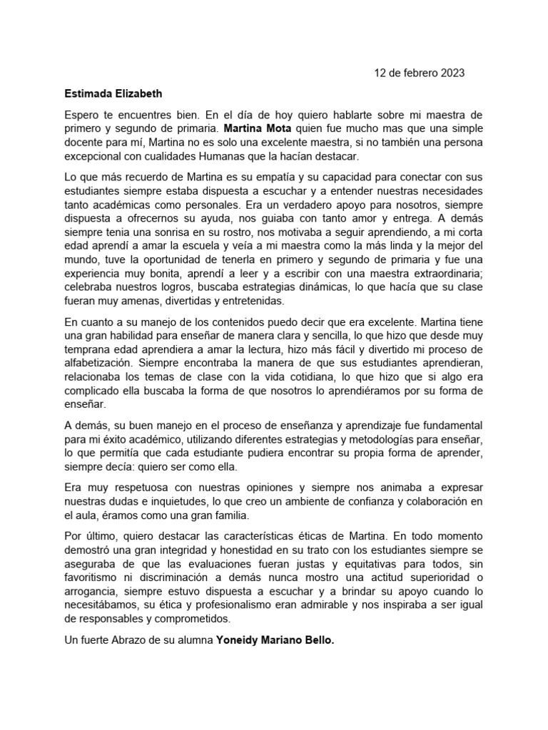 Carta para Mi Maestra. | PDF | Amor | Aprendizaje