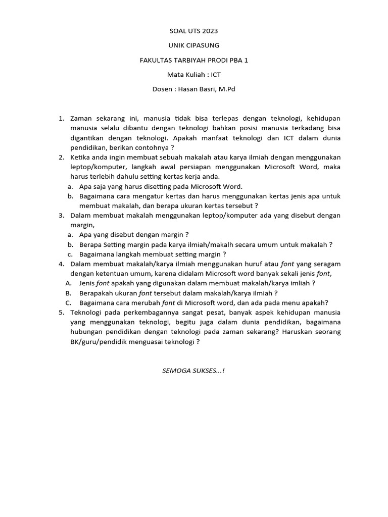 SOAL UTS PBA 1 ICT Hasan Basri 2023 | PDF
