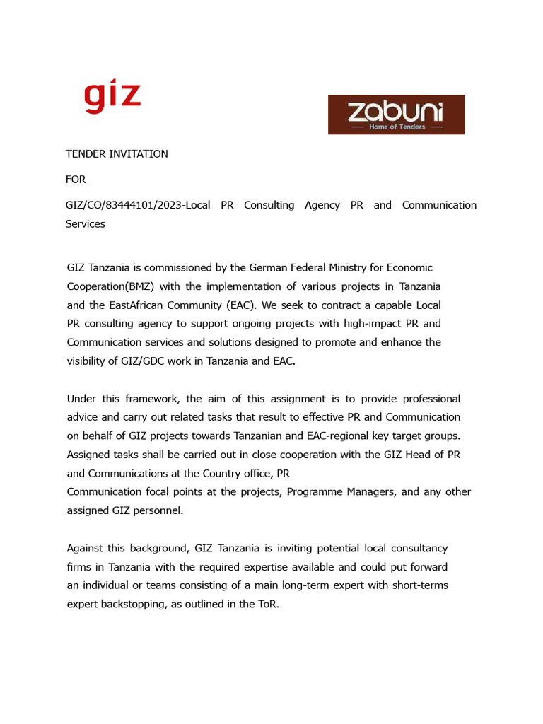 GIZ Tanzania PR Consulting Tender | PDF
