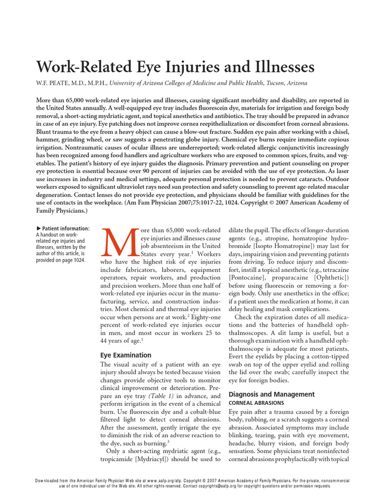 AAFP Work Related Eye Injuries and Illnesses | PDF | Cornea | Clinical ...