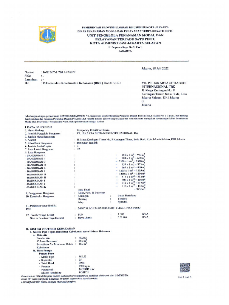 Rekomendasi Keselamatan Kebakaran (RKK Untuk SLF-1) | PDF