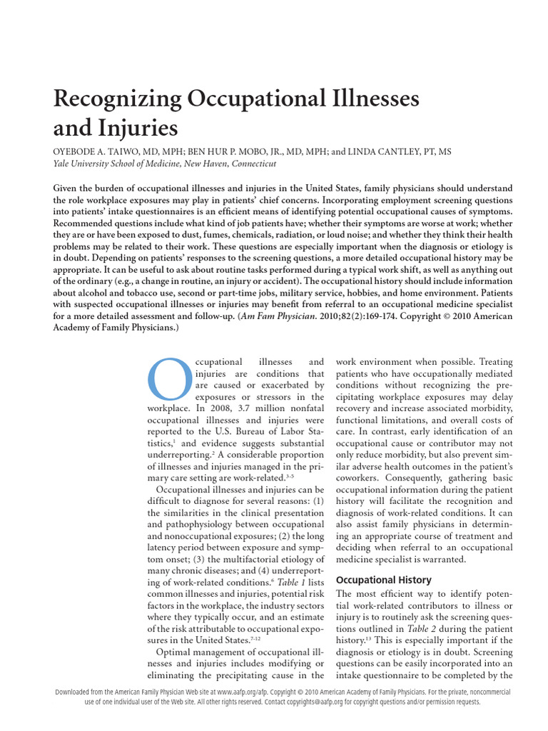 AAFP Recognizing Occupational Illnesses and Injuries | PDF | Science ...