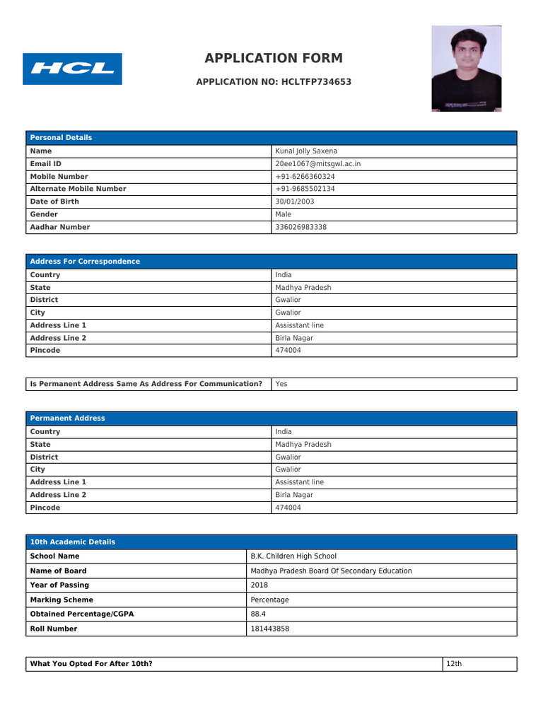 HCL Tech Application Form | PDF | Computing
