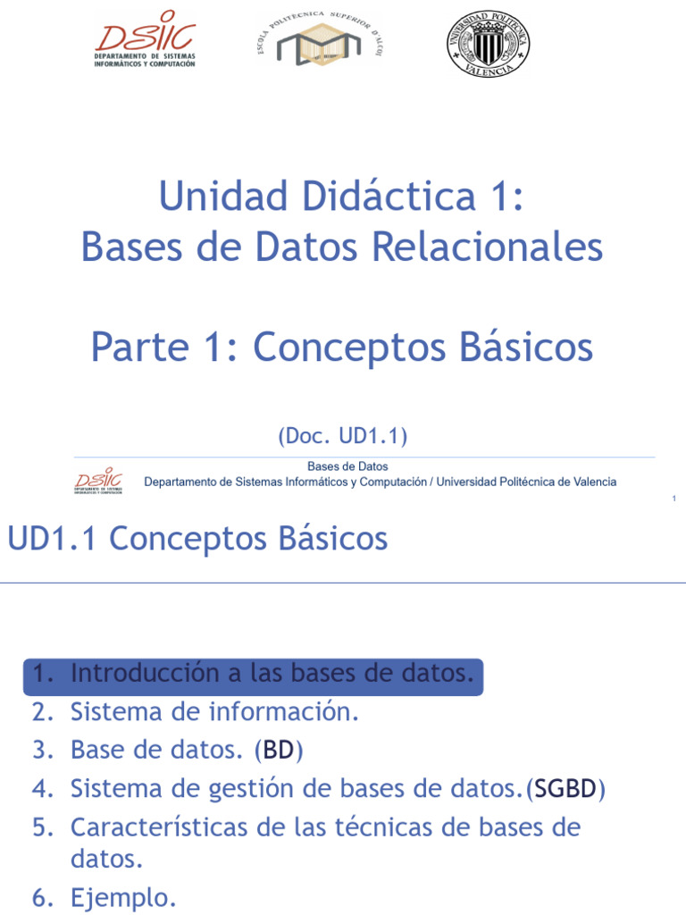 Unidad Didáctica 1: Bases de Datos Relacionales Parte 1: Conceptos Básicos | PDF | Bases de ...