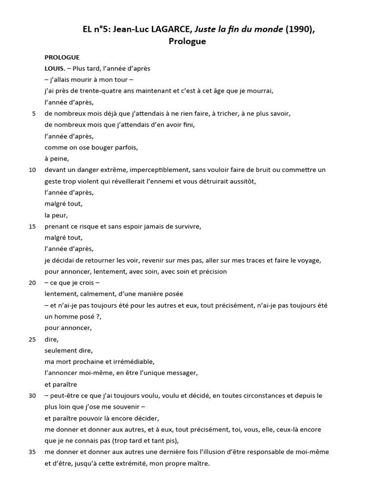 Texte EL5 Lagarce Prologue | PDF | Poésie