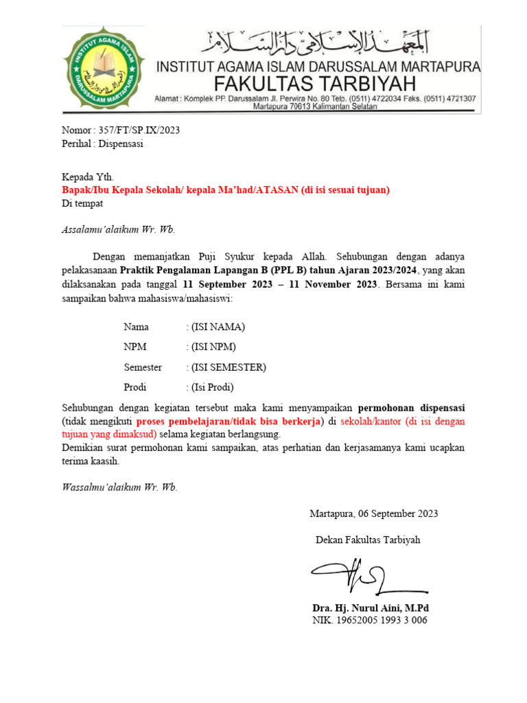 1 Surat Dispensasi Mahasiswa | PDF