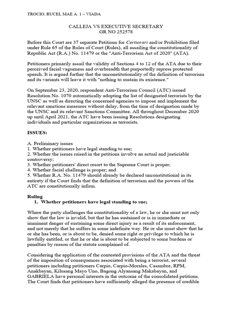 Calleja Vs Executive Secretary Digest | PDF | Facial Challenge ...