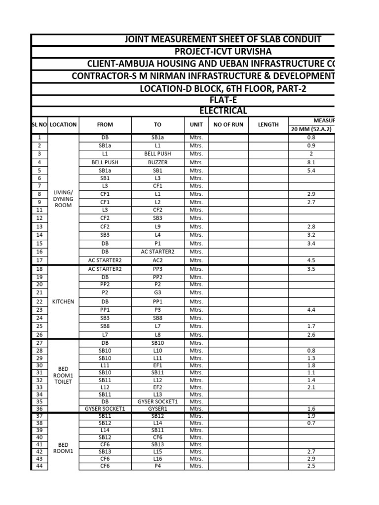 Slab Conduit Measurement Sheet | PDF | Components | Building Technology