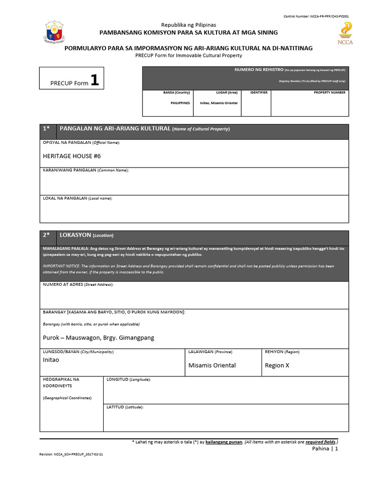 NCCA PRECUP Tangible Immovable Cultural Property Form 201803 | PDF