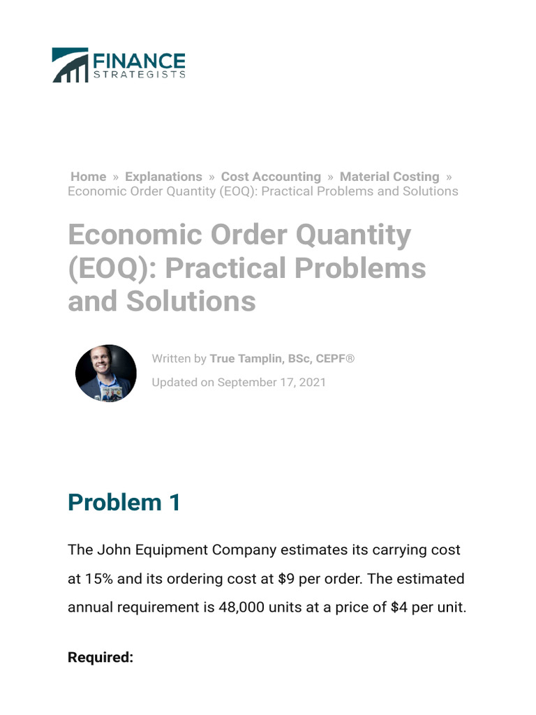 Economic Order Quantity (EOQ) - Practical Problems and Solutions | PDF ...