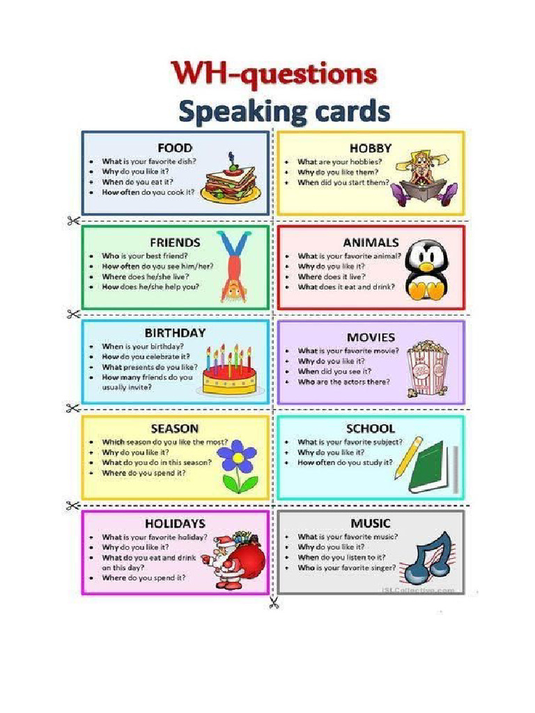 WH Questions Speaking Cards | PDF