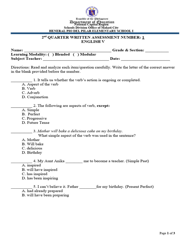 Written Assessment Template | PDF | Verb | Linguistic Morphology