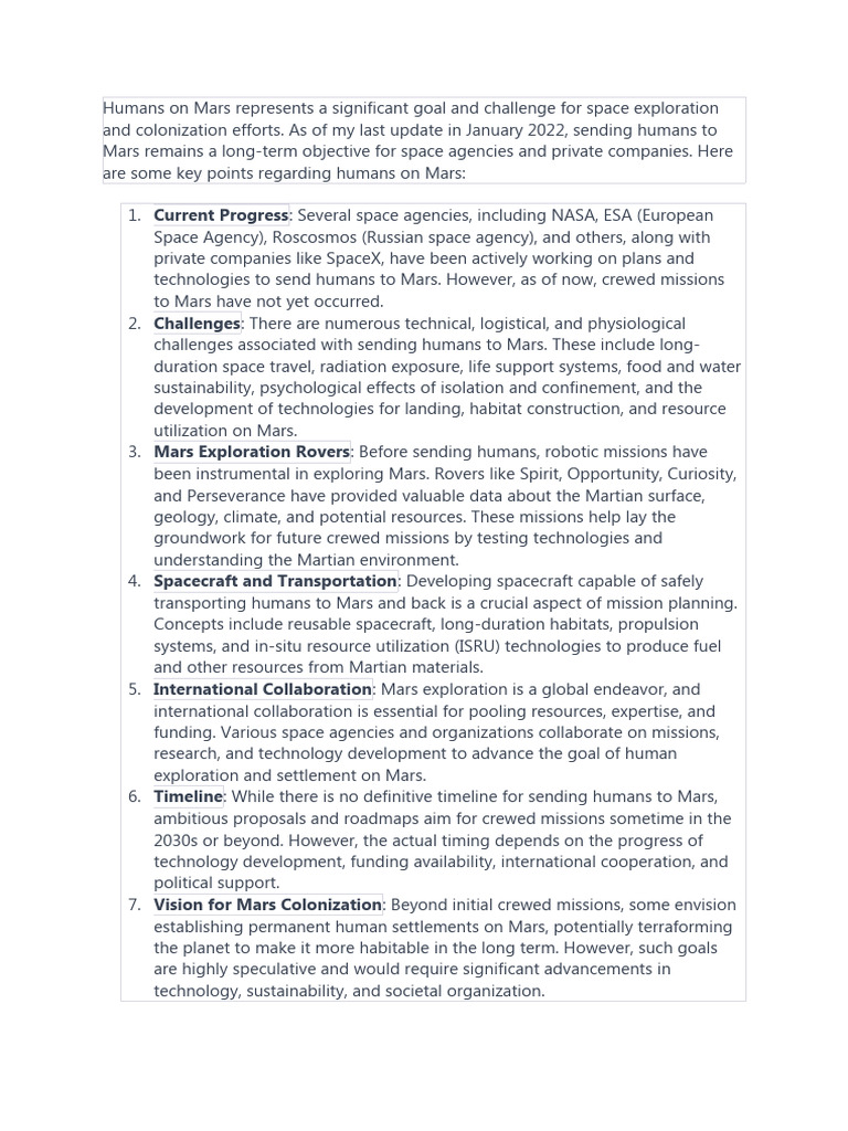 Humans On Mars Represents A Significant Goal and Challenge For Space ...