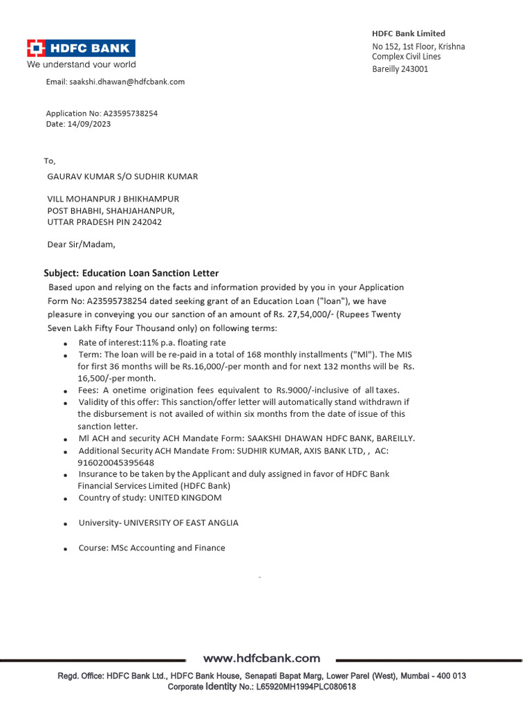 Jaspal Singh Loan HDFC Letter | PDF | Loans | Money