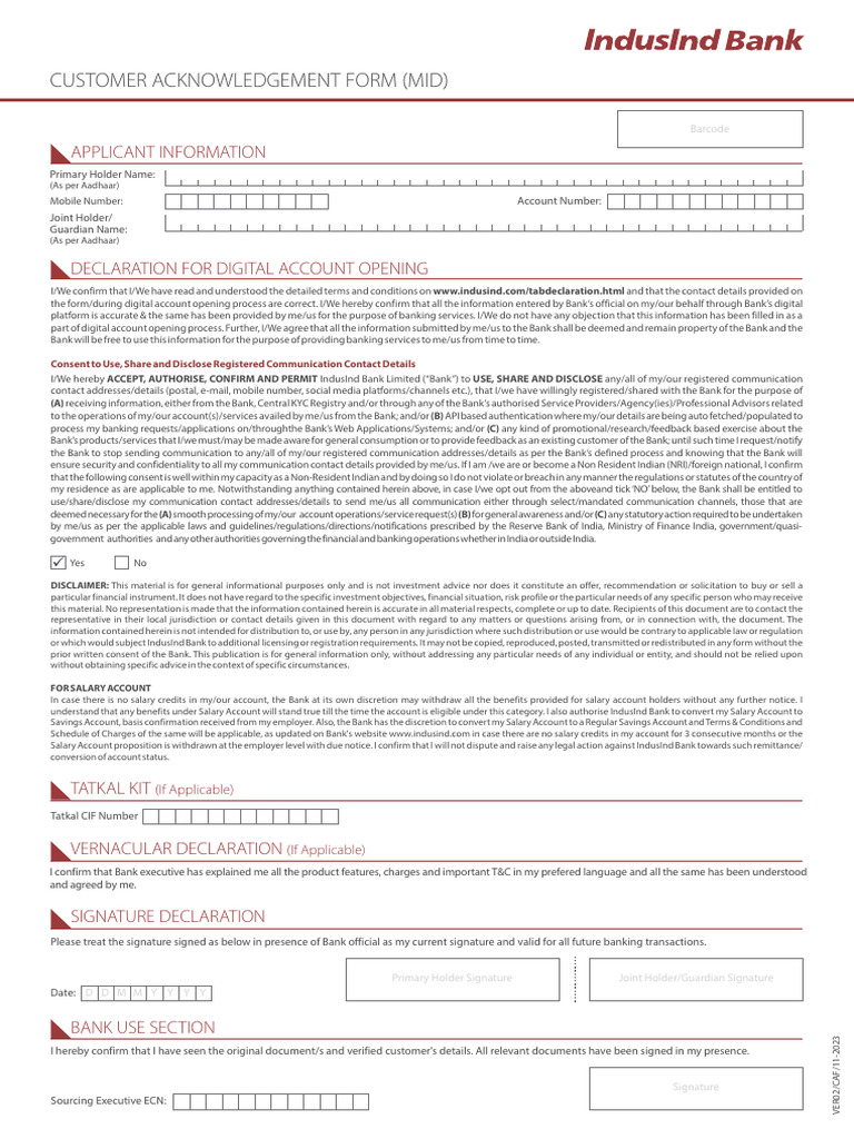 Customer Acknowledgement Fom | PDF | Banks | Information