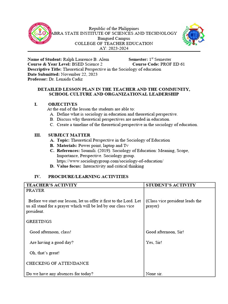 Lesson Plan Prof Ed 61 | PDF | Theory | Sociology