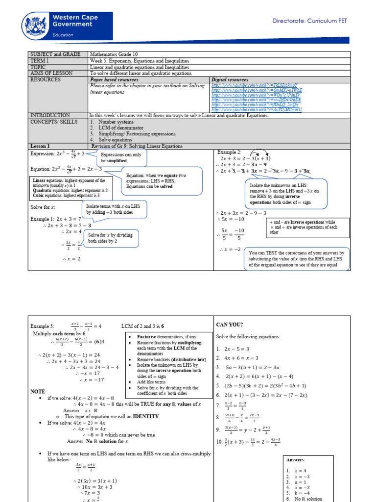Mathematics Grade 10 Term 1 Week 5 - 2021 | Download Free PDF ...