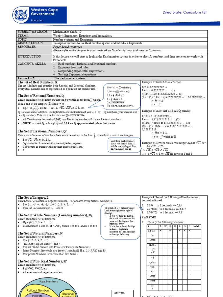 Mathematics Grade 10 Term 1 Week 4 - 2021 | PDF | Rational Number | Numbers