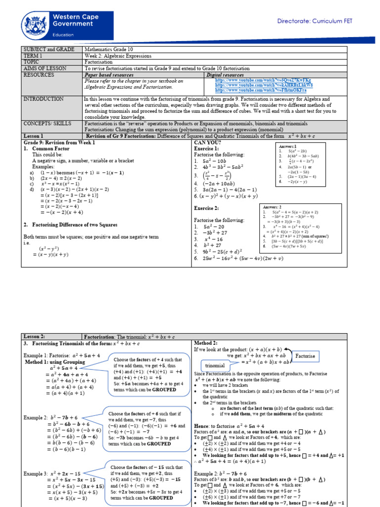 Mathematics Grade 10 Term 1 Week 2 - 2021 | PDF | Factorization | Algebra