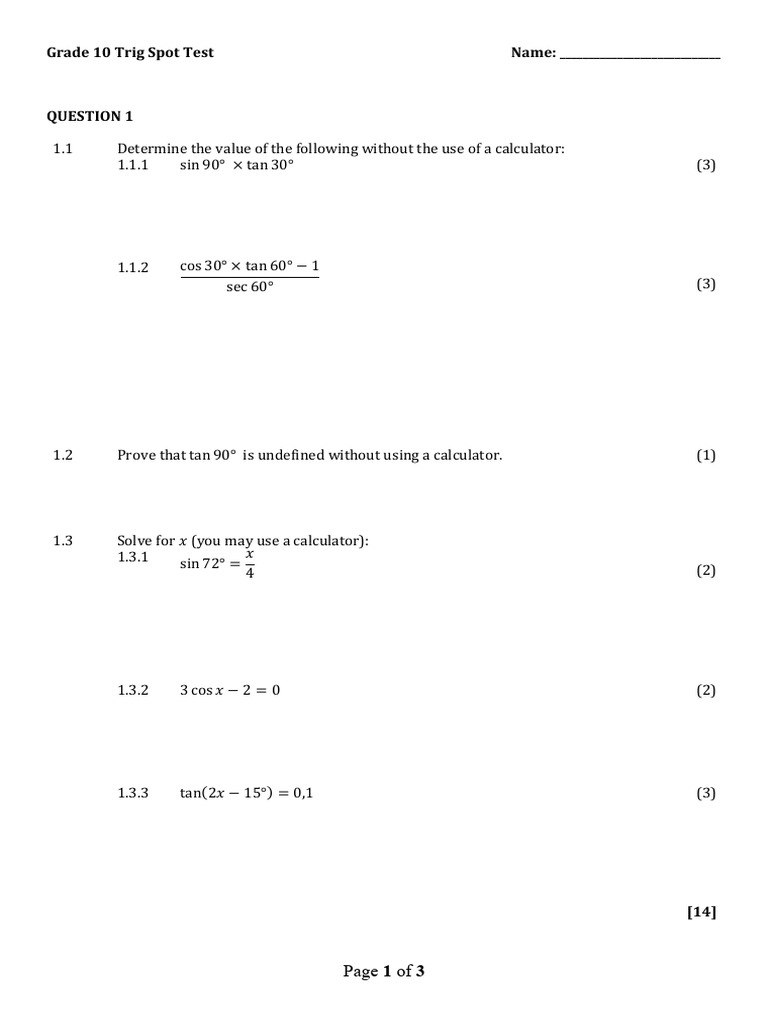 Grade 10 Trig Practice Test 2023 | PDF | Mathematics