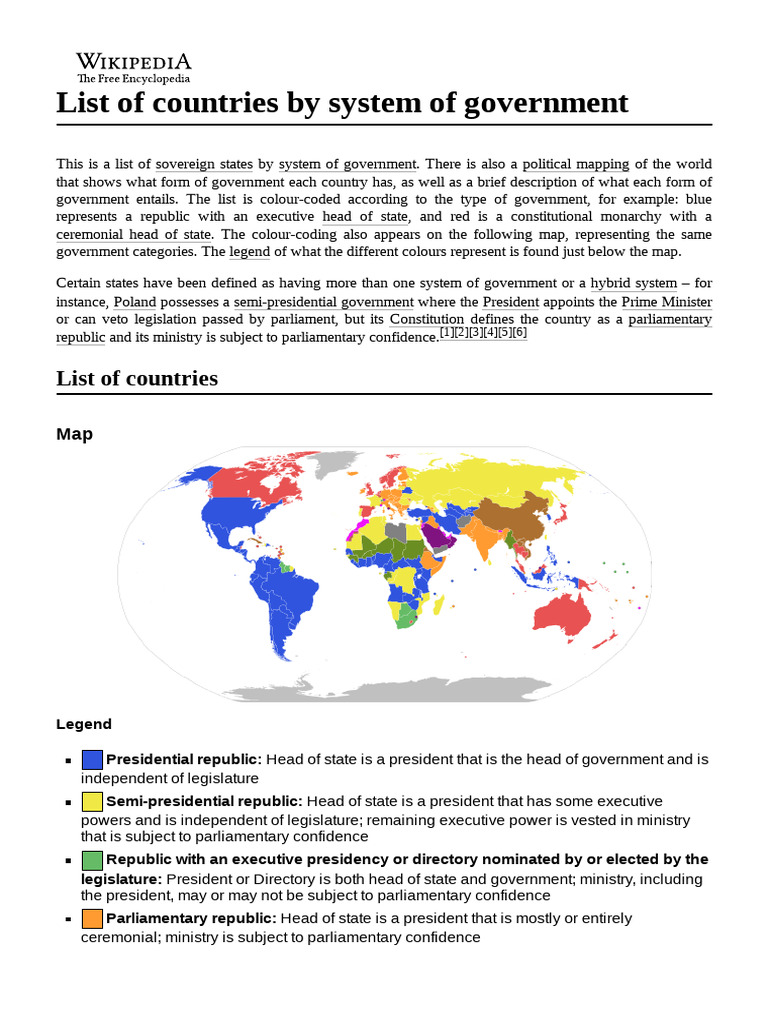 Global Government Systems Overview | PDF | Heads Of State | Monarchy