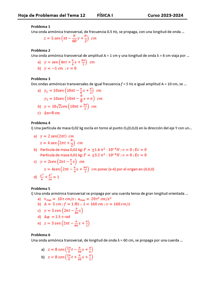 Hoja Problemas Tema 12 - Soluc | PDF | Olas | Longitud de onda