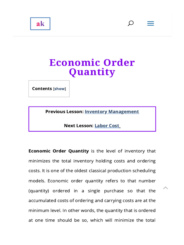 Economic Order Quantity - Examples - Formula - Questions | PDF ...