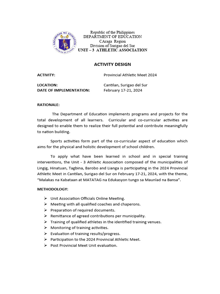 ACTIVITY DESIGN Sports Provincial Meet 2024 | PDF