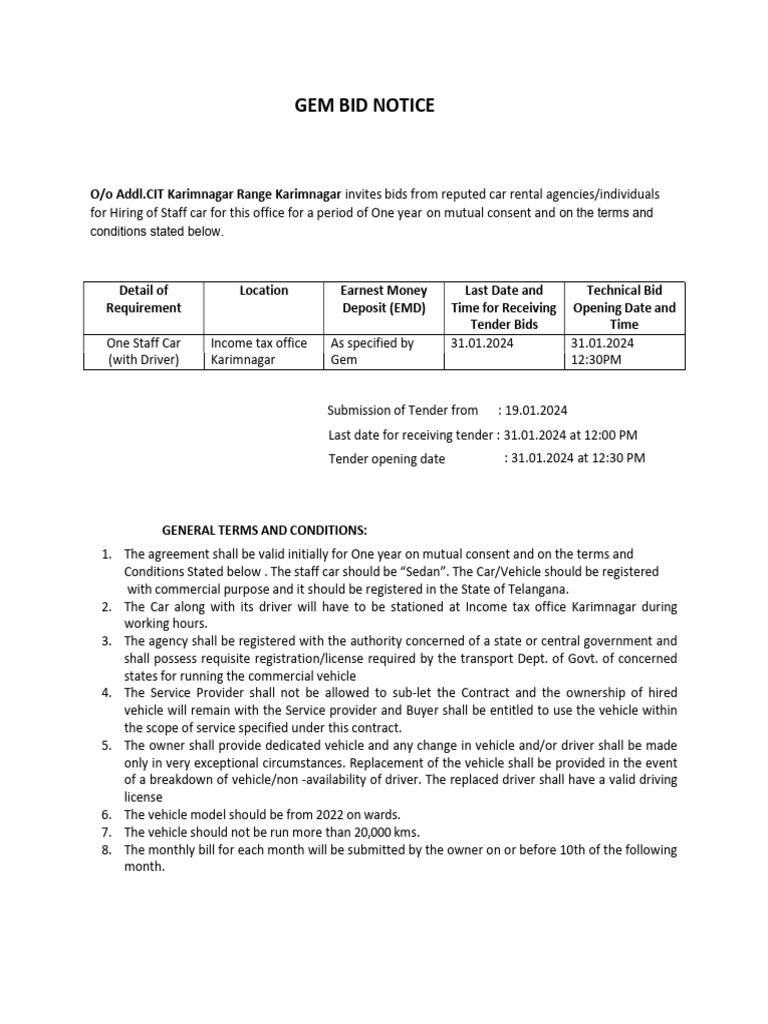 Gem Bid Notice Draft | PDF | Vehicles | Private Law