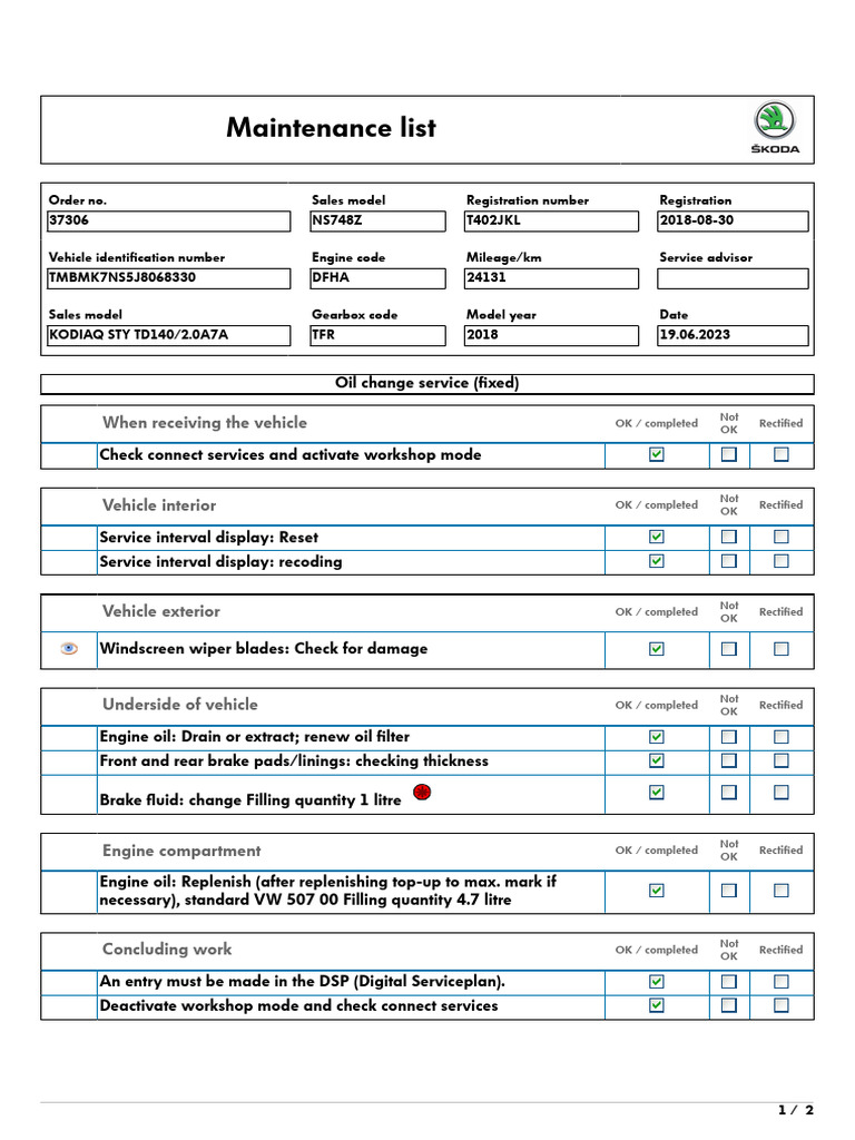 Service Check Sheet | PDF | Vehicles | Manufactured Goods